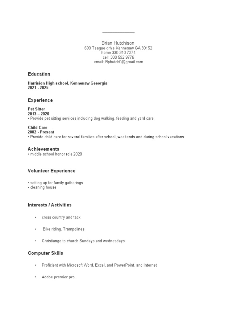 Sample Resume - High School - No Work Experience | PDF