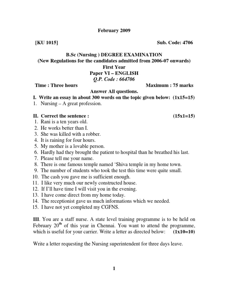 TNMGRMU B.SC Nursing-1st Year English Exam Question Paper | PDF | Dalit ...