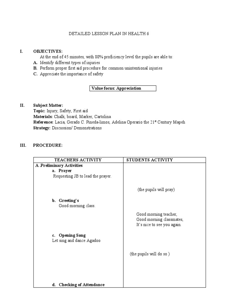 Health Lesson Plan: Injury & First Aid | PDF | Lesson Plan