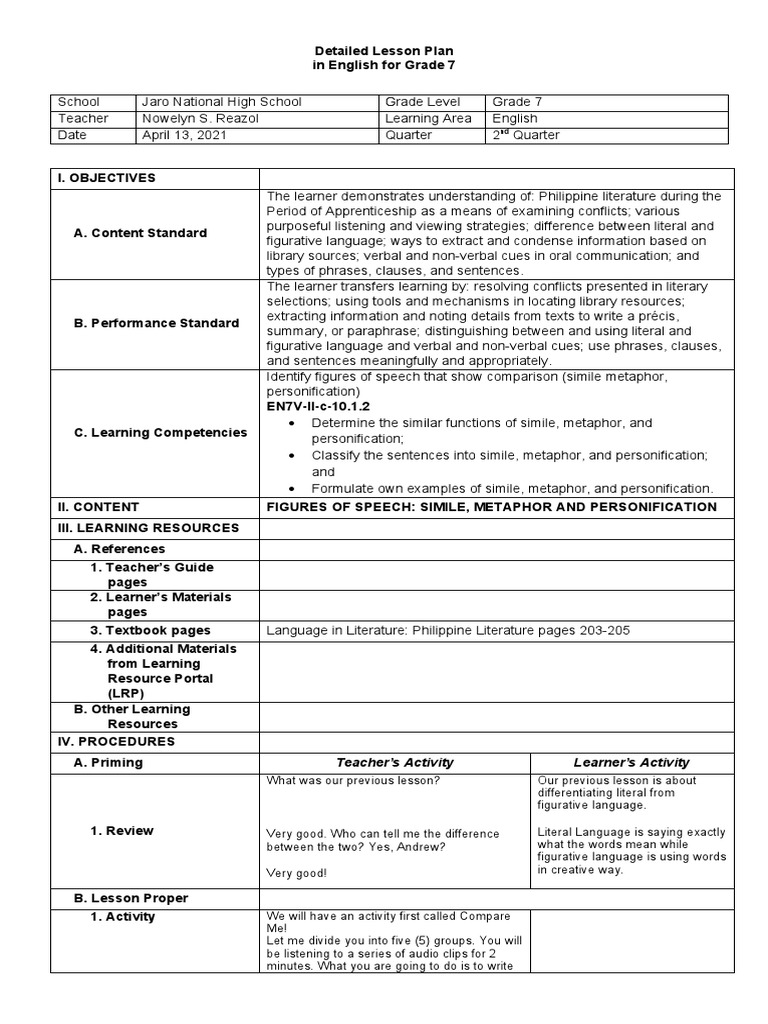 Grade 7 Figures of Speech Lesson Plan | PDF | Metaphor | Learning