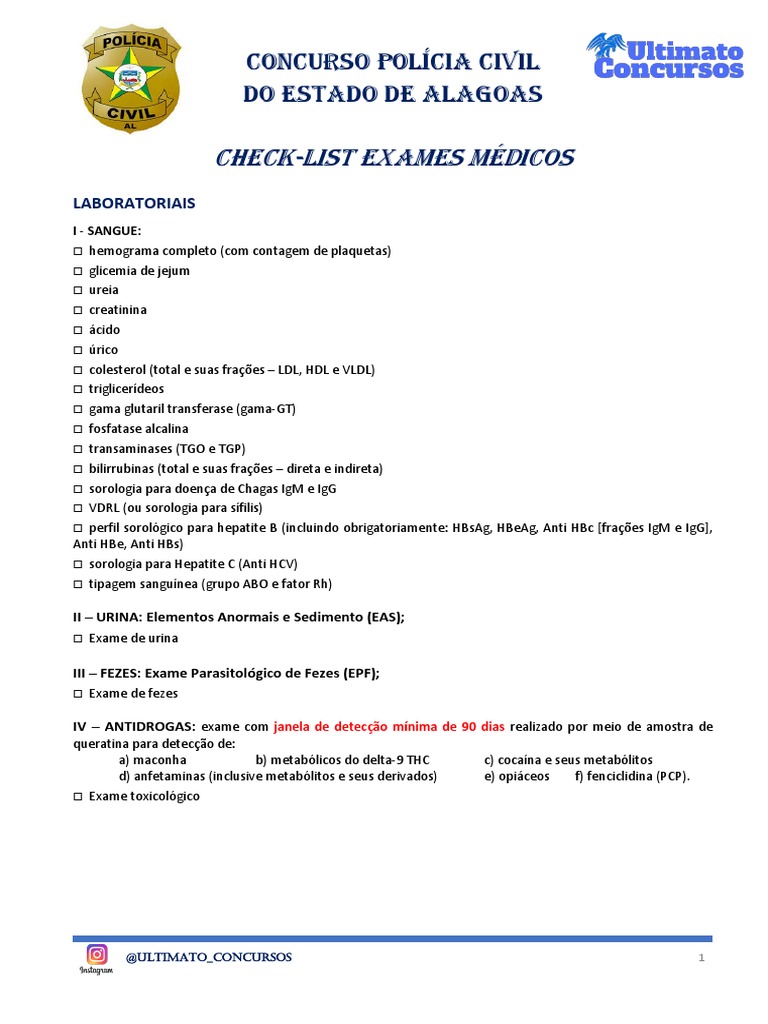 Check List Exames Médicos PCAL | PDF | Psiquiatria | Especialidades médicas
