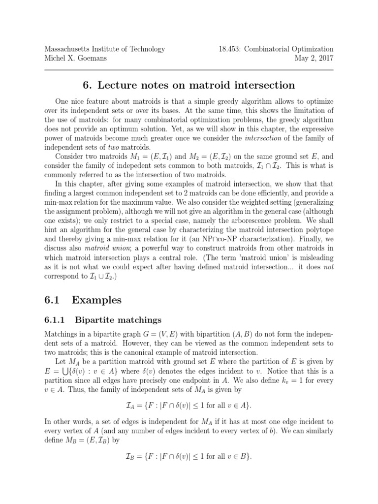 Lecture Notes On Matroid Intersection: 6.1.1 Bipartite Matchings ...