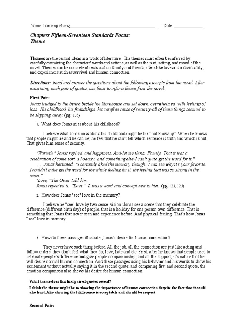 Themes in The Giver: Chapters 15-17 | PDF | The Giver | Love