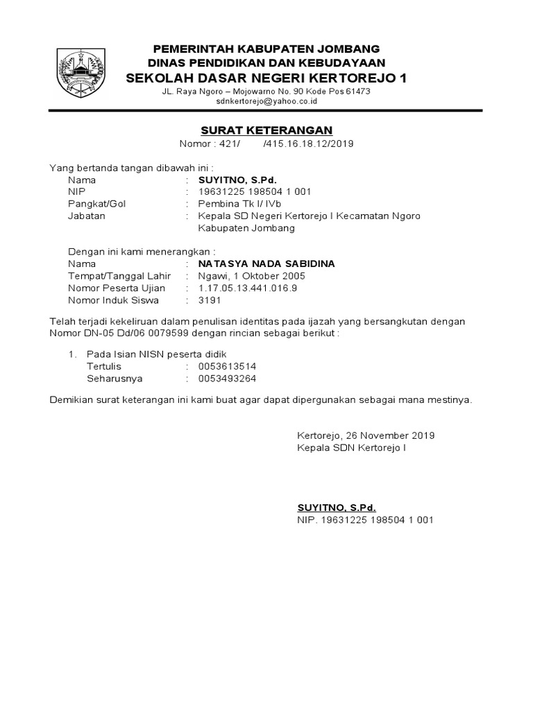Surat Keterangan Nisn Salah | PDF