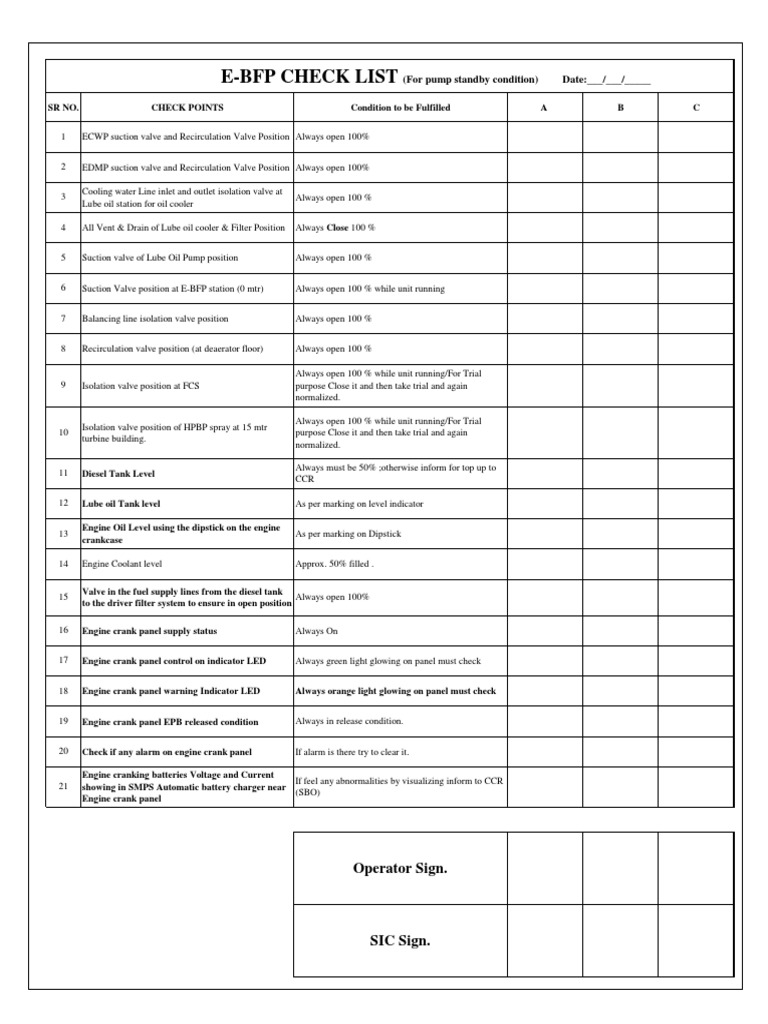 E-BFP Check List | PDF | Valve | Engines