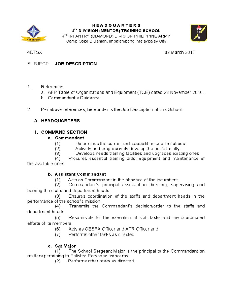 Job Descriptions for Key Positions at the 4th Infantry (Diamond ...