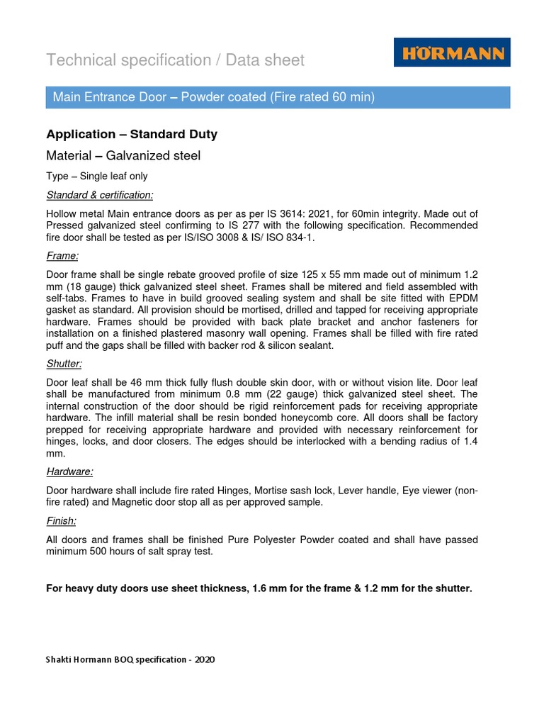 Technical Specification / Data Sheet: Main Entrance Door - Powder ...