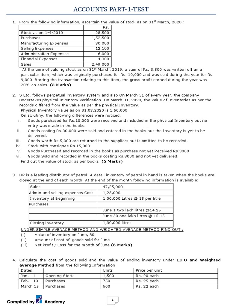 Accounts Test: Inventory & Reconciliation Methods | PDF | Inventory ...
