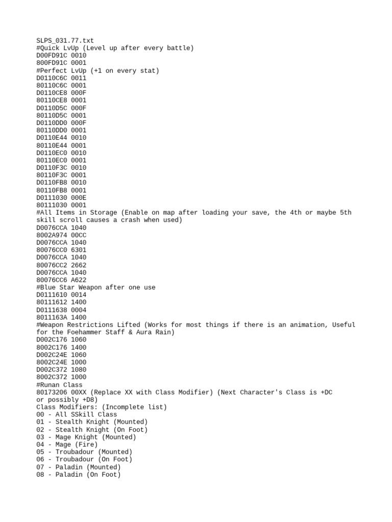 File containing Runes of Magic cheat codes for various character ...