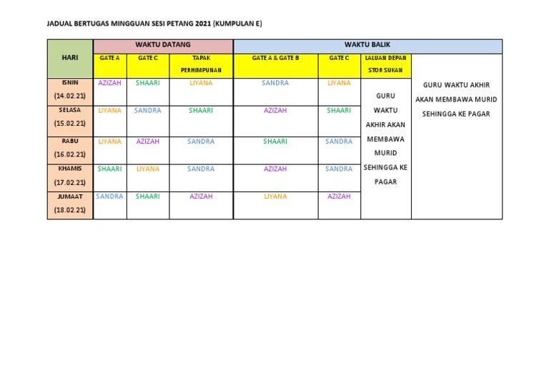 Jadual Bertugas Mingguan 2021 | PDF