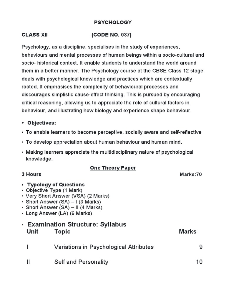 Psychology Class Xii (CODE NO. 037) : Unit Topic Marks | PDF ...