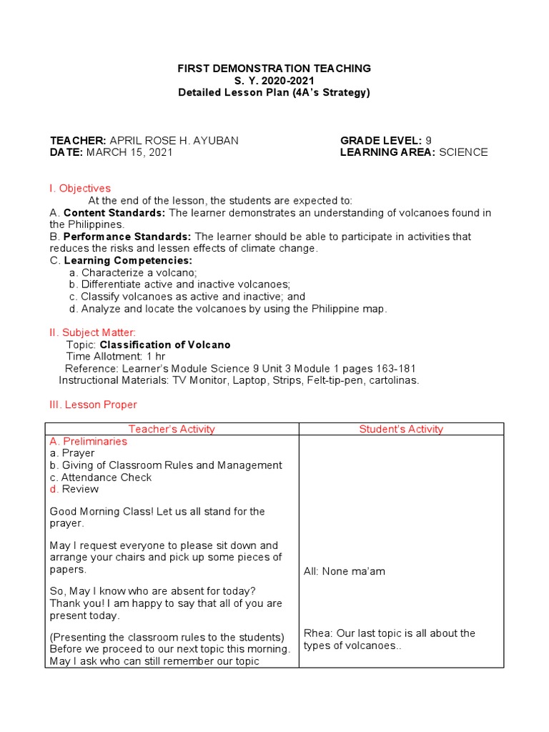 Detailed Lesson Plan in Volcano | PDF | Volcano | Types Of Volcanic ...