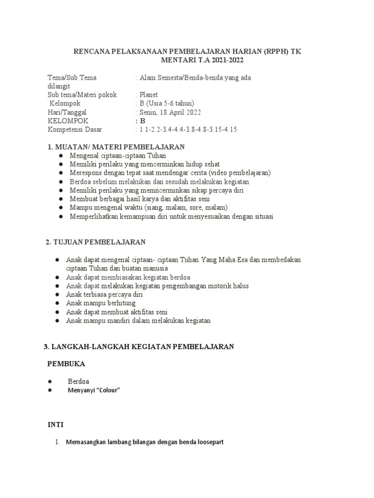 RPPH TK Tema Alam Semesta dan Planet | PDF | Karier & Perkembangan ...