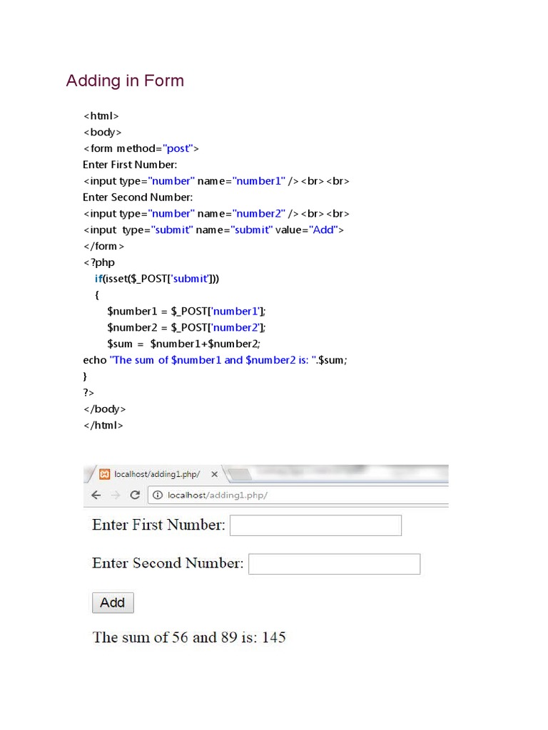 Adding in Form: "Post" "Number" "Number1" "Number" "Number2" "Submit ...