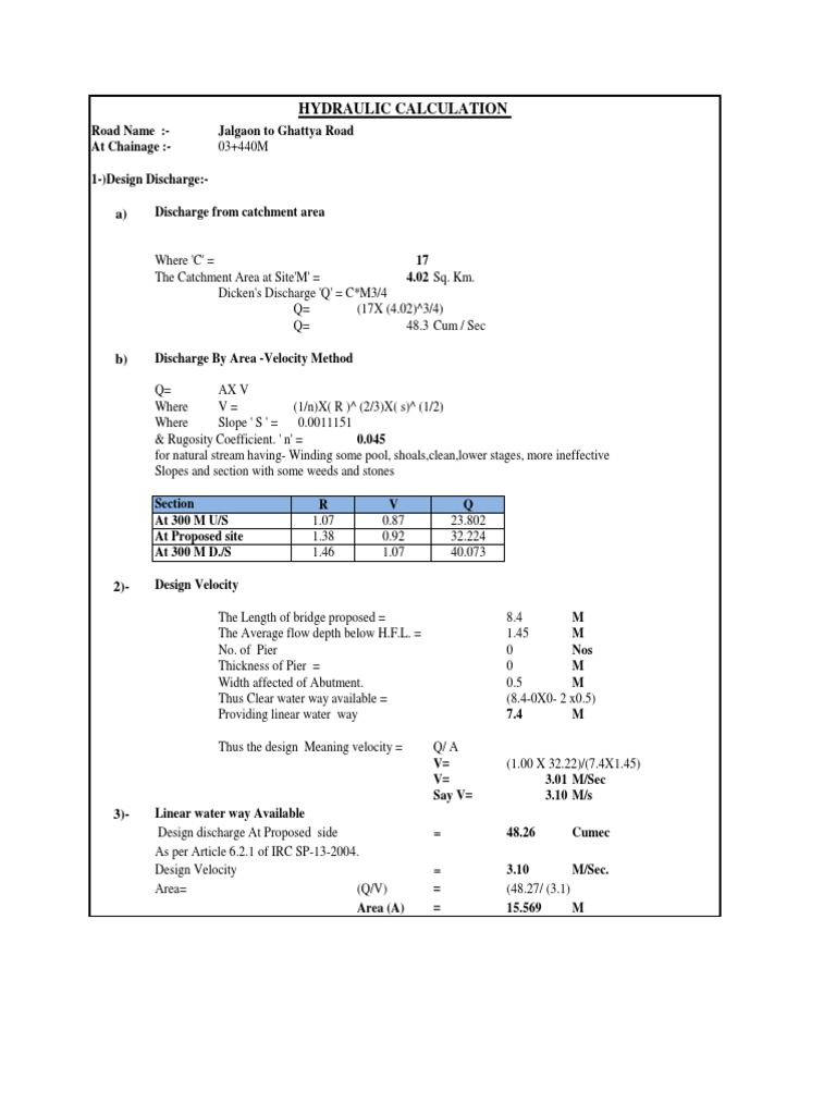 Hydraulic Calculation | PDF | Area | Discharge (Hydrology)