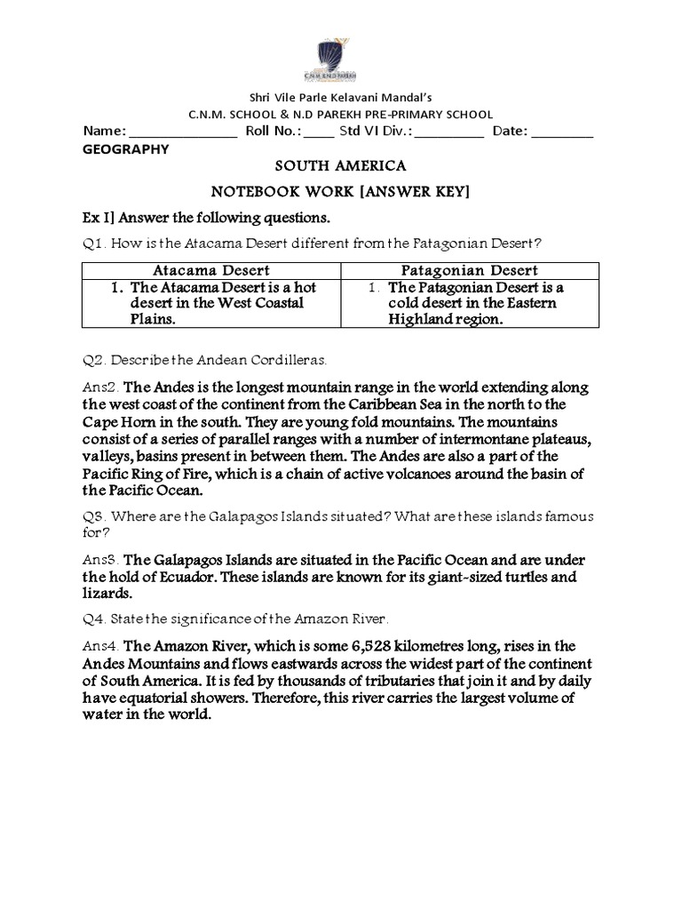 Answer Key - Notebook Work - South America | PDF | Travel | Science ...