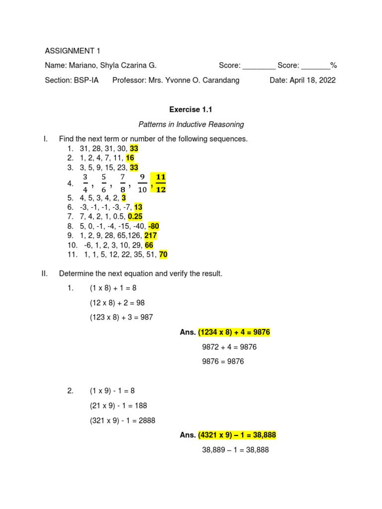 Patterns in Inductive Reasoning: Exercise 1.1 | PDF | Teaching Methods ...