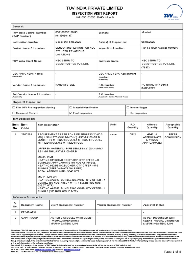 Tuv India Private Limited: Inspection Visit Report | PDF | Verification ...