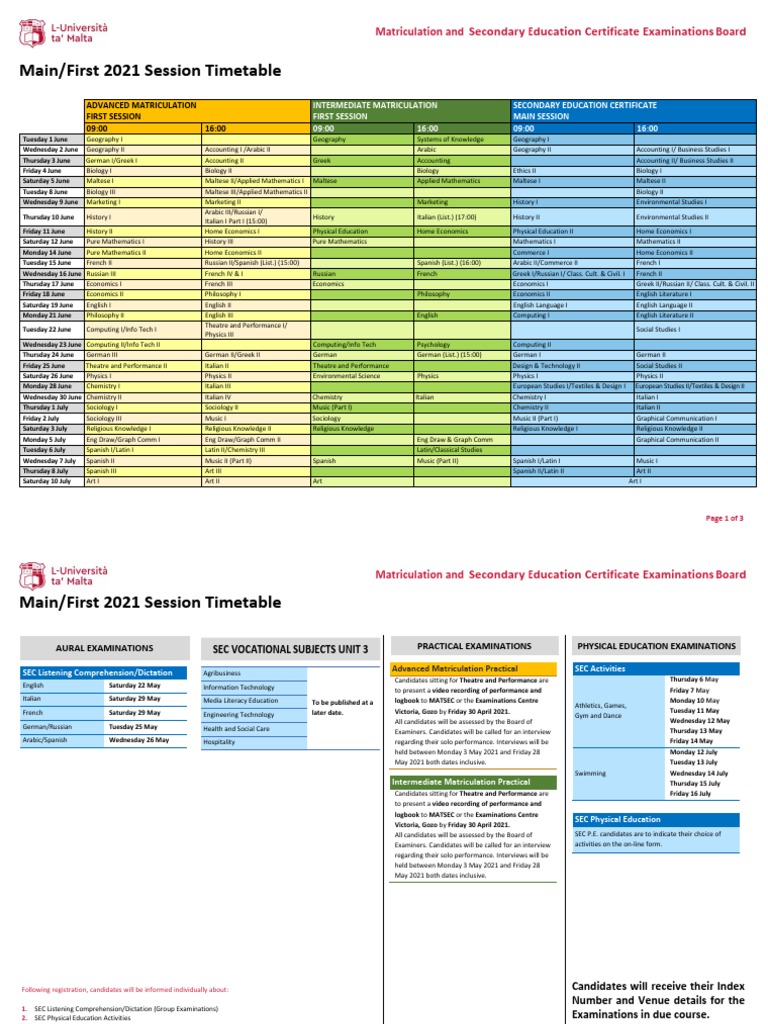 Main/First 2021 Session Timetable: Matriculation and Secondary ...