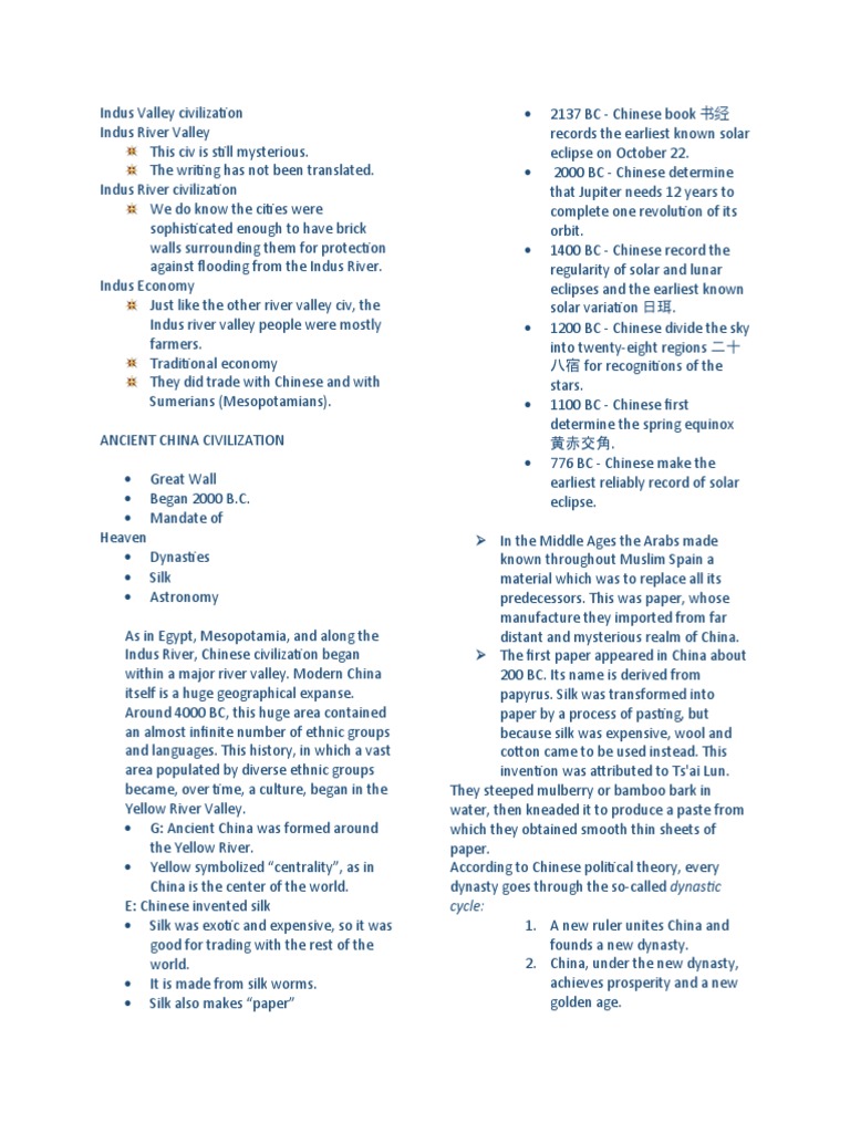Indus and China Civilization Handout | PDF