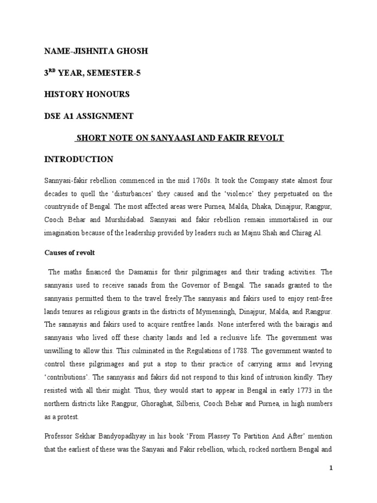 Dse A1 - Sanyaasi and Fakir Revolt | PDF | Bengal