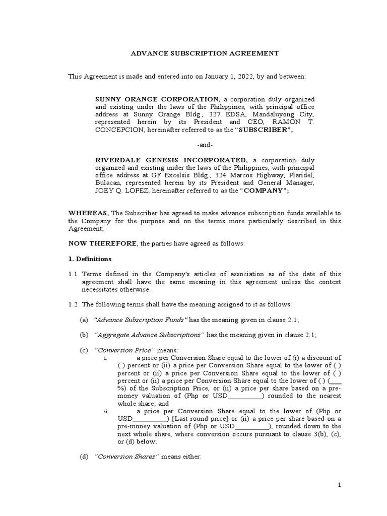 Advance Subscription Agreement | PDF | Subscription Business Model ...