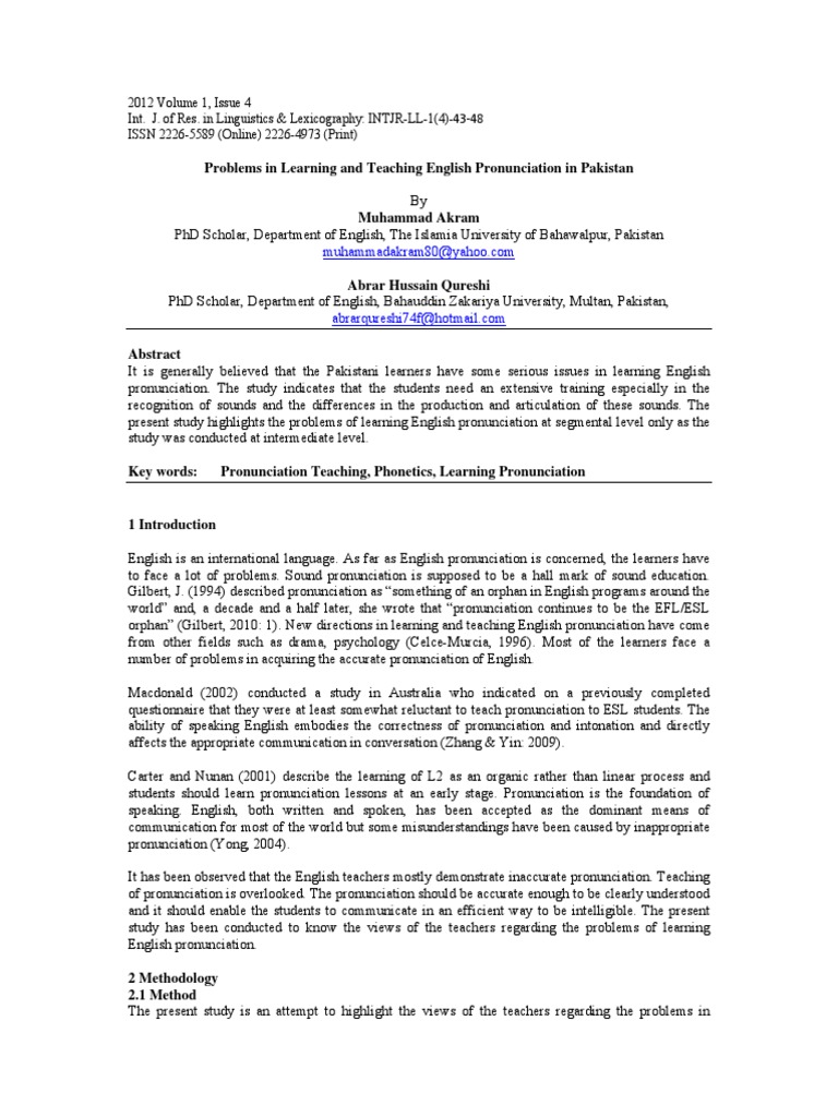 Problems in Learning and Teaching English Pronunciation in Pakistan ...