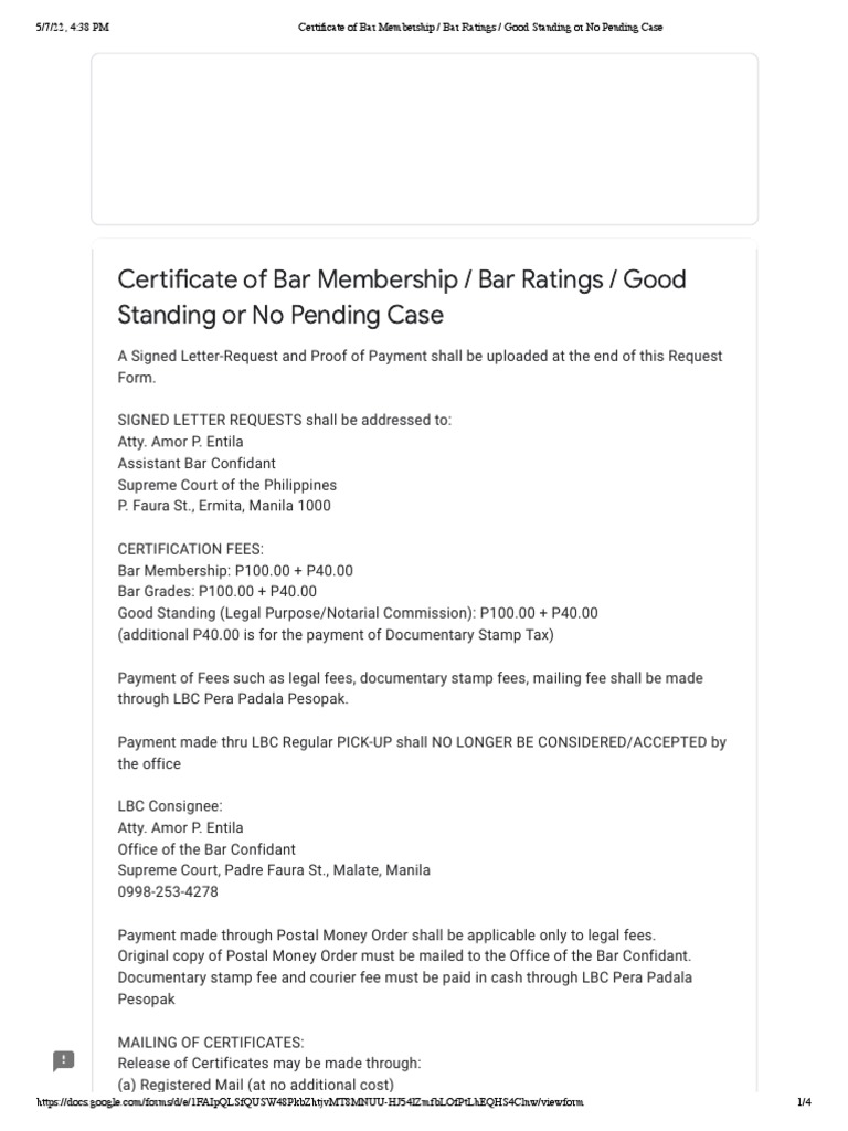 Certificate of Bar Membership - Bar Ratings - Good Standing or No ...