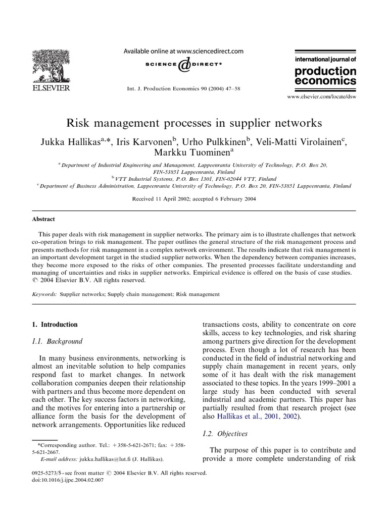 Risk Management Processes in Supplier Networks | PDF | Risk | Risk ...