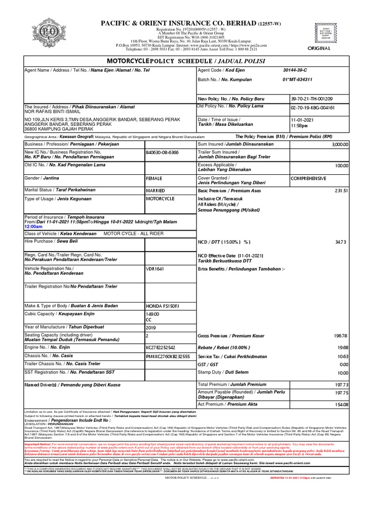 Motorcycle Insurance Policy Schedule for Nor Rafais Binti Ismail ...