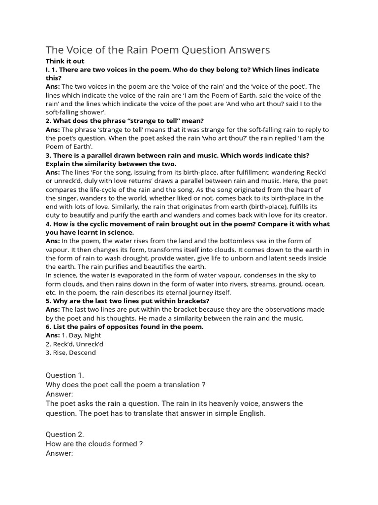 The Voice of The Rain Poem Question Answers | PDF | Water | Cloud