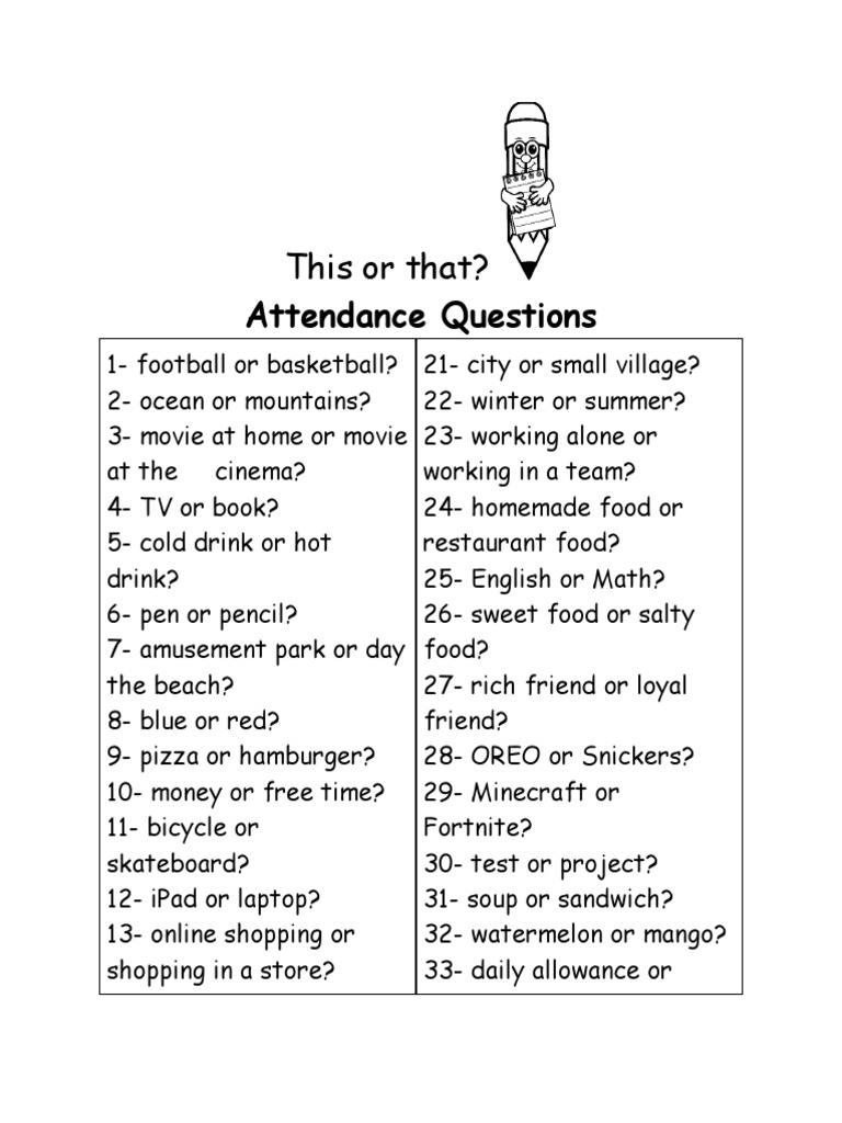 Attendance Questions: This or That? | PDF