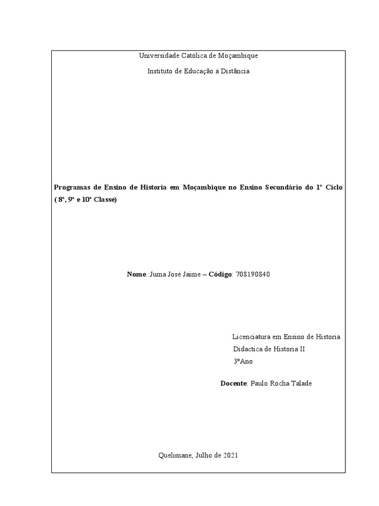 Programas De Ensino De História No Ensino Secundário Do 1o Ciclo Em