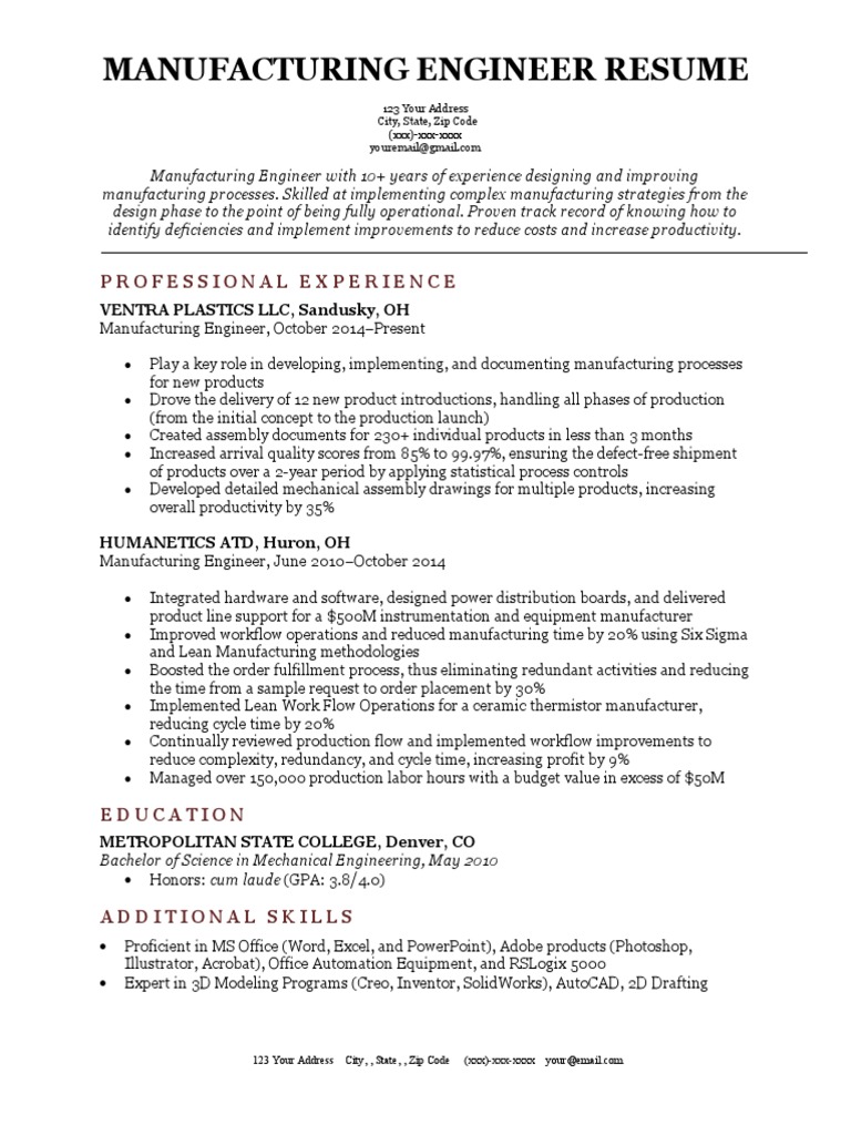 Manufacturing Engineer Resume Example | PDF | Lean Manufacturing | Workflow