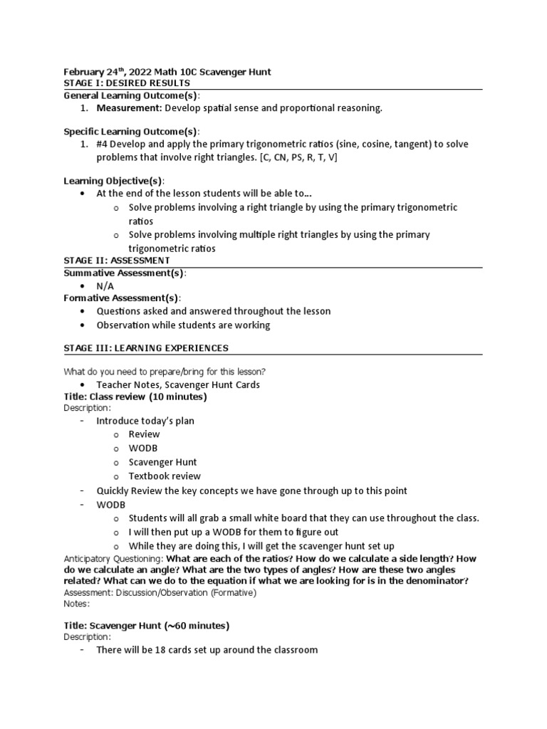 Tqs 4 Trig Scavenger Hunt Lesson Plan Feb 24 | PDF | Trigonometric ...