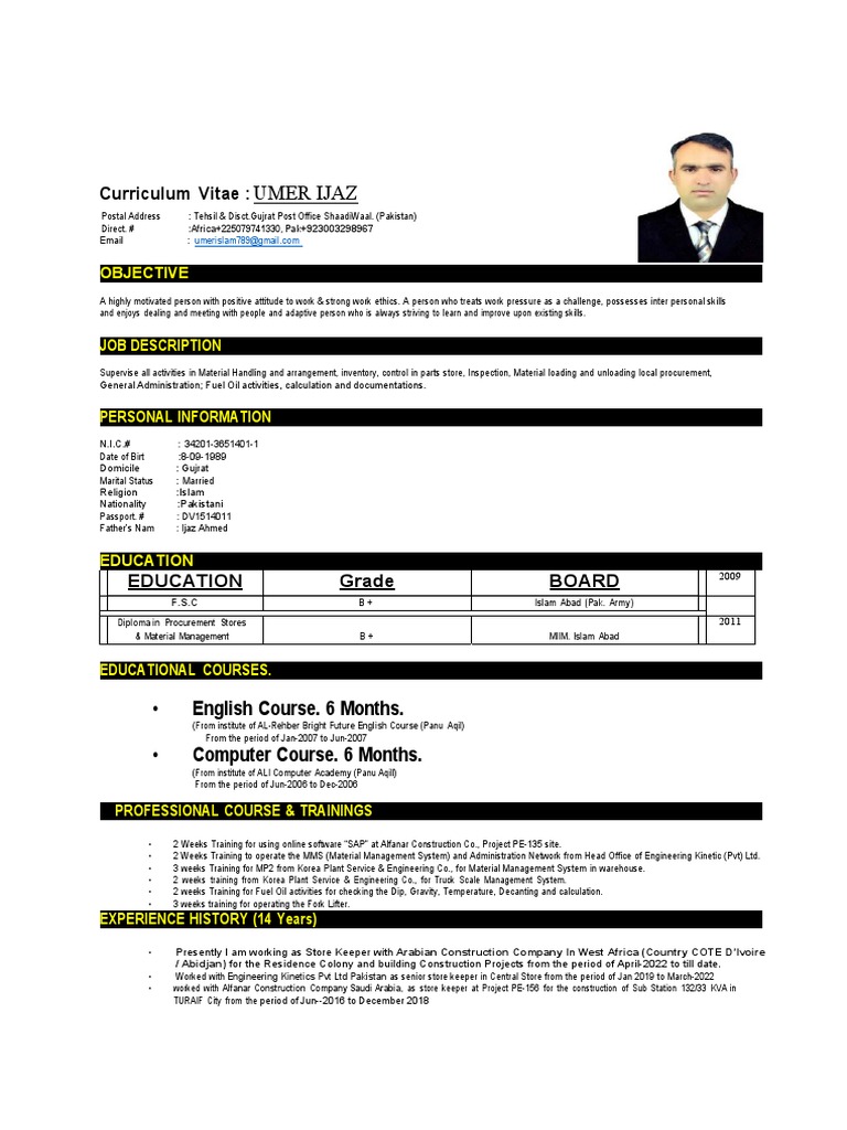 CV For The Post of Store Keeper | PDF | Warehouse | Power Station