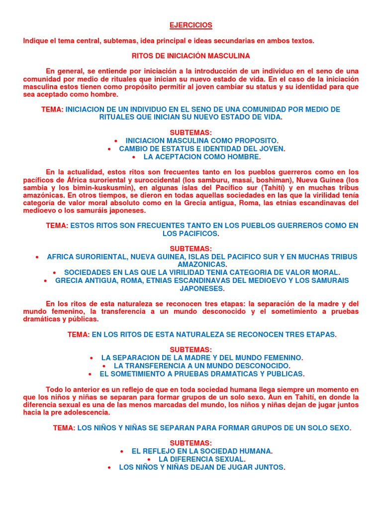 1-Ejercicios de Tema, Subtemas, Idea Principal e Ideas Secundarias | PDF