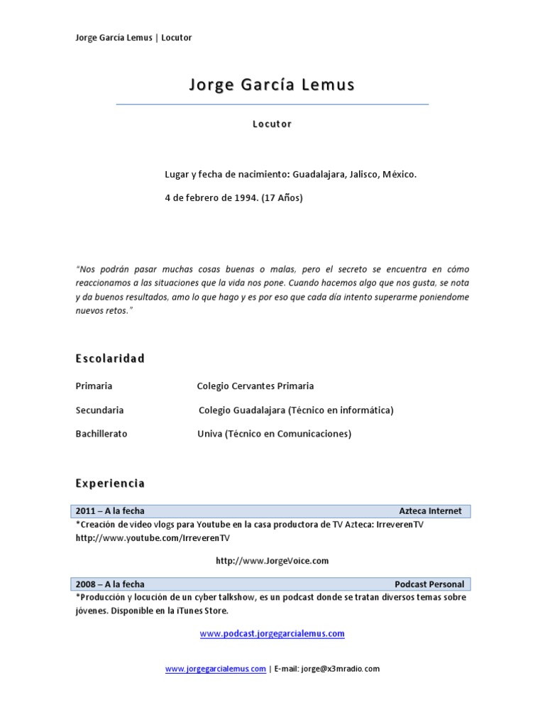 Curriculum JorgeGarciaLemus Locutor | PDF | Ocio | Entretenimiento ...