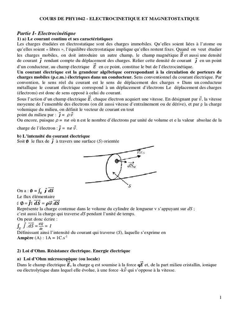 Cours PHY1042 : Électrocinétique et Magnétostatique | PDF | Courant ...