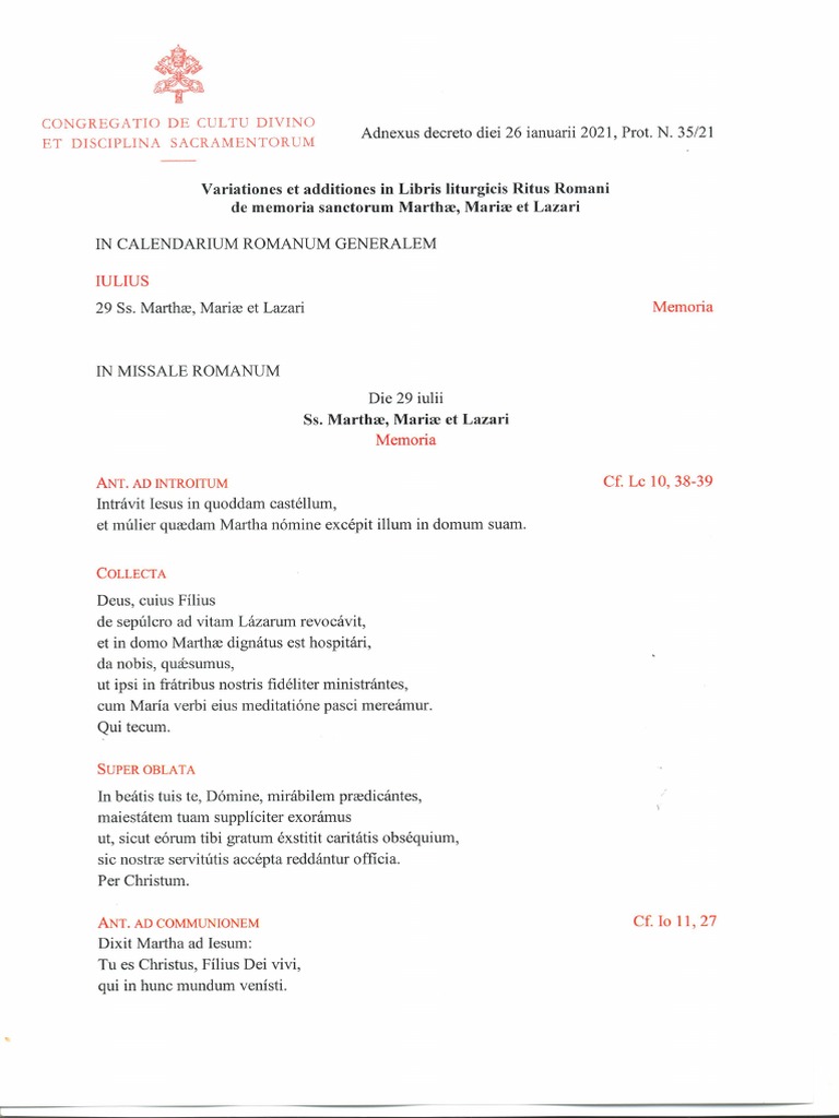 Feast of Mary, Martha, Lazarus (Latin) | PDF