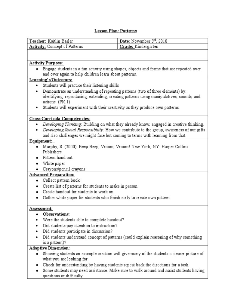 Lesson Plan: Patterns Teacher: Kaitlin Basler Date: November 3 Activity ...