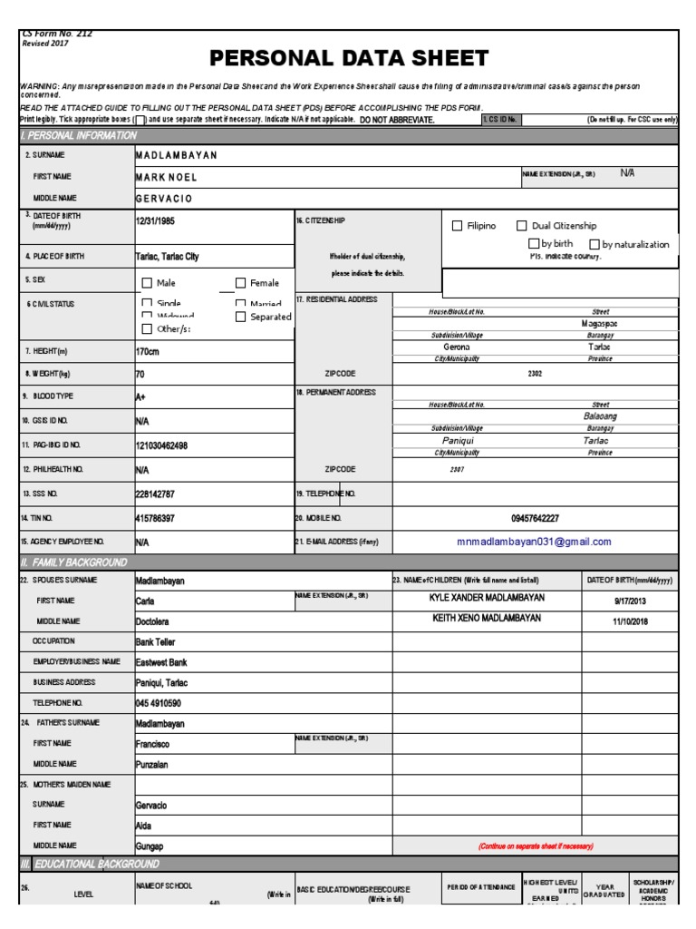 Personal Data Sheet | PDF | Nursing | Government