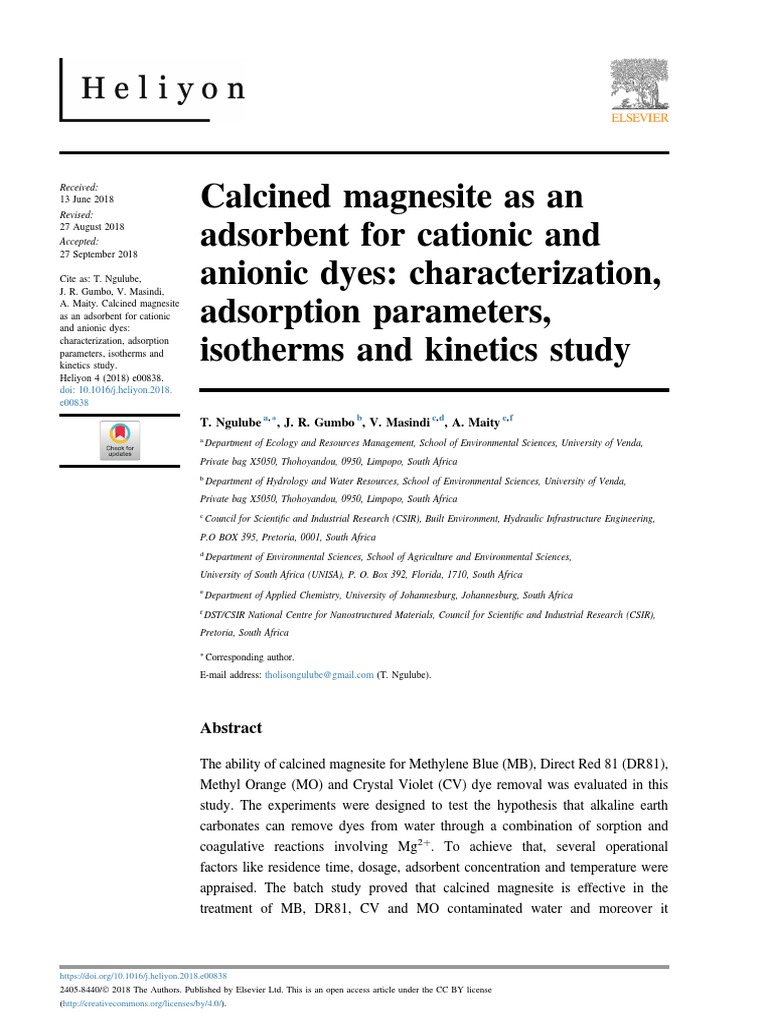 Calcined Magnesite As An Adsorbent For Cationic and Anionic Dyes ...