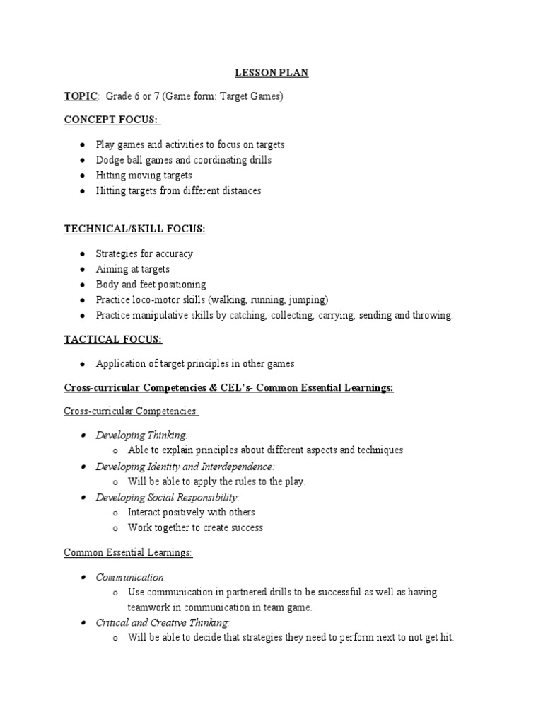 Target Games Lesson Plan for Grades 6-7 | PDF | Lesson Plan | Learning
