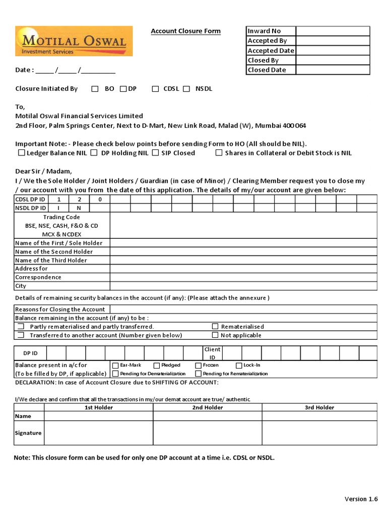 Motilal Oswal Account Closure Form | PDF | Business | Financial Markets