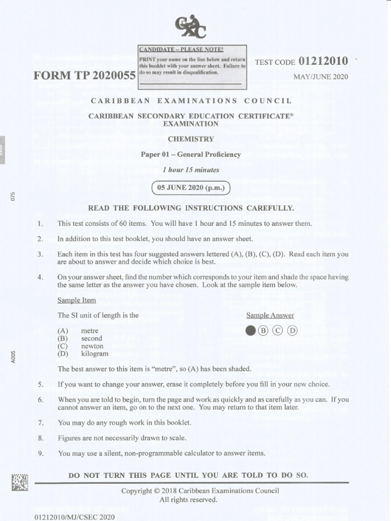 CSEC Chemistry June 2020 P1 | PDF