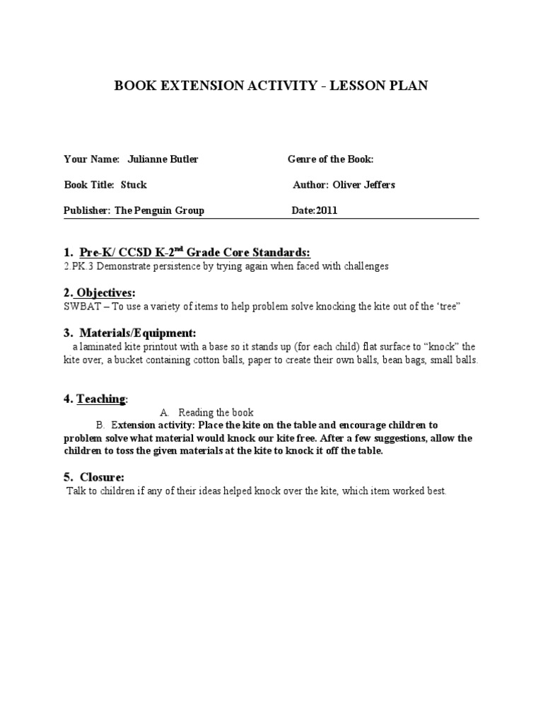 Stuck by Oliver Jeffers: Lesson Plan Activities | PDF