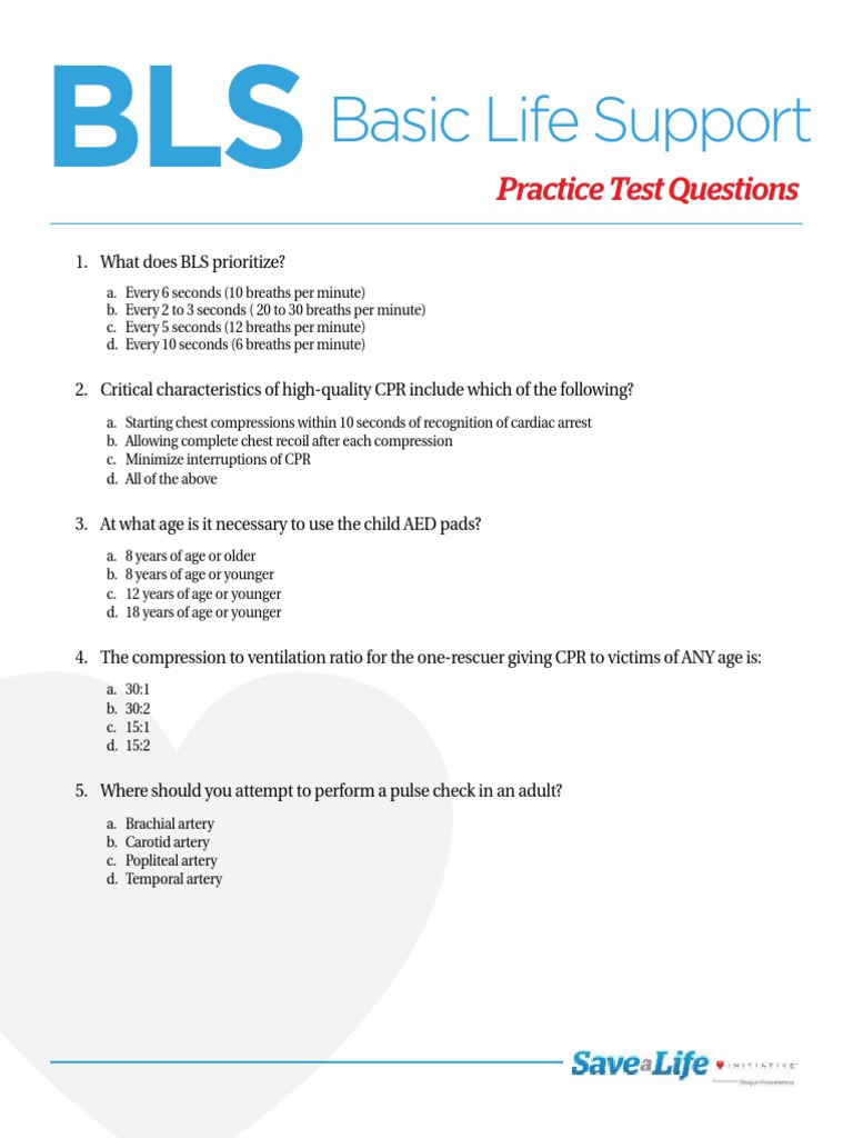 Basic Life Support: Practice Test Questions | PDF | Cardiopulmonary ...