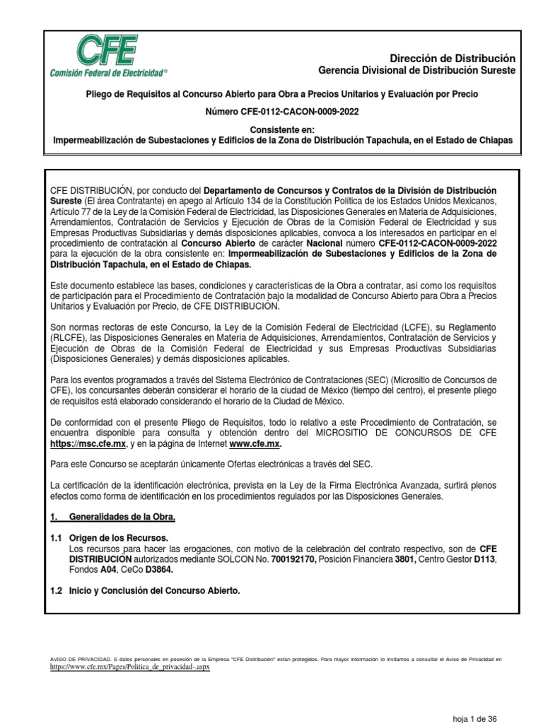 01 Pliego de Requisitos CFE 0112 CACON 0009 2022 | PDF | Privacidad ...