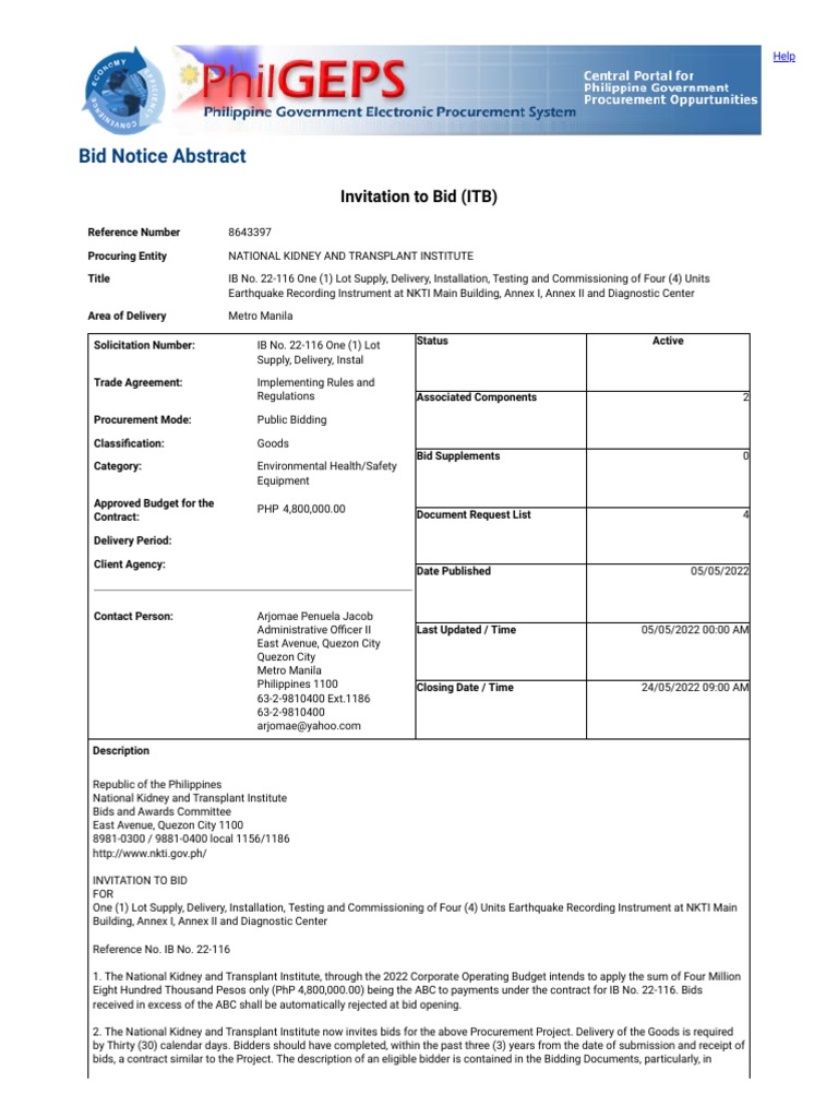 Bid Notice Abstract: Invitation To Bid (ITB) | PDF | Manila